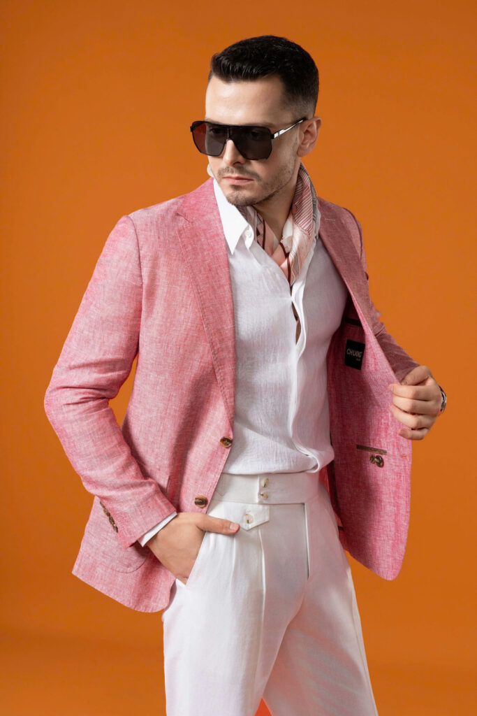 Bộ Vest Áo Hồng Đào Quần Trắng Vải Linen - May Vest Nam Nữ đẹp Biên Hoà